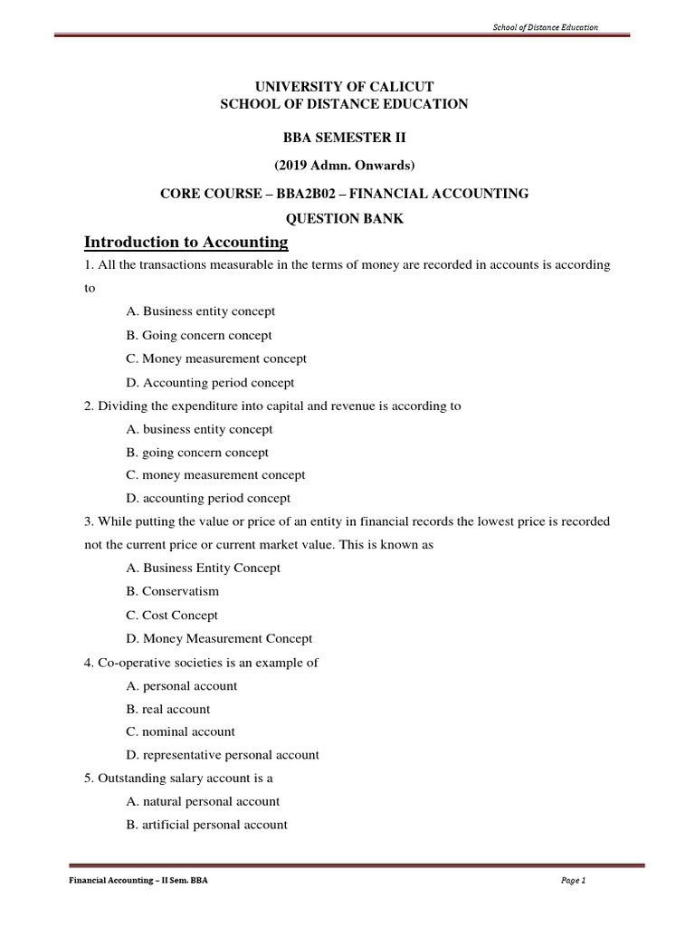 Question Bank BBA II Sem BBA2B02 Financial Accounting | PDF | Debits And Credits | Financial ...