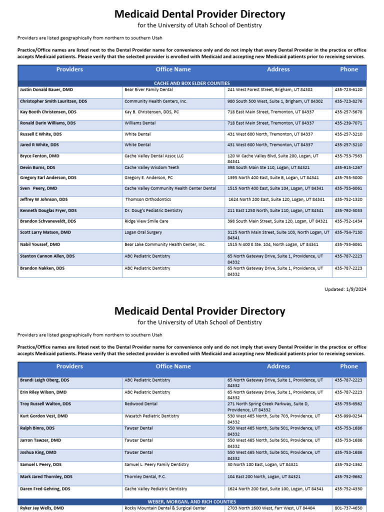 Medicaid Dental Provider Directory For The University of Utah School of ...