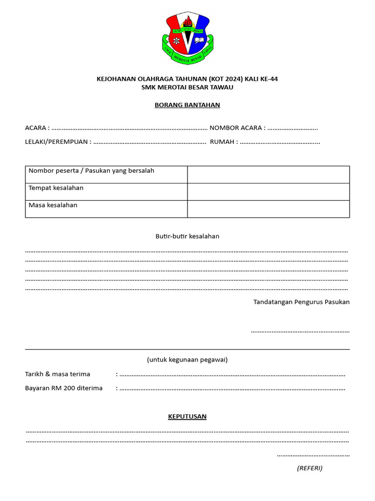 BORANG BANTAHAN KOT 2024 | PDF