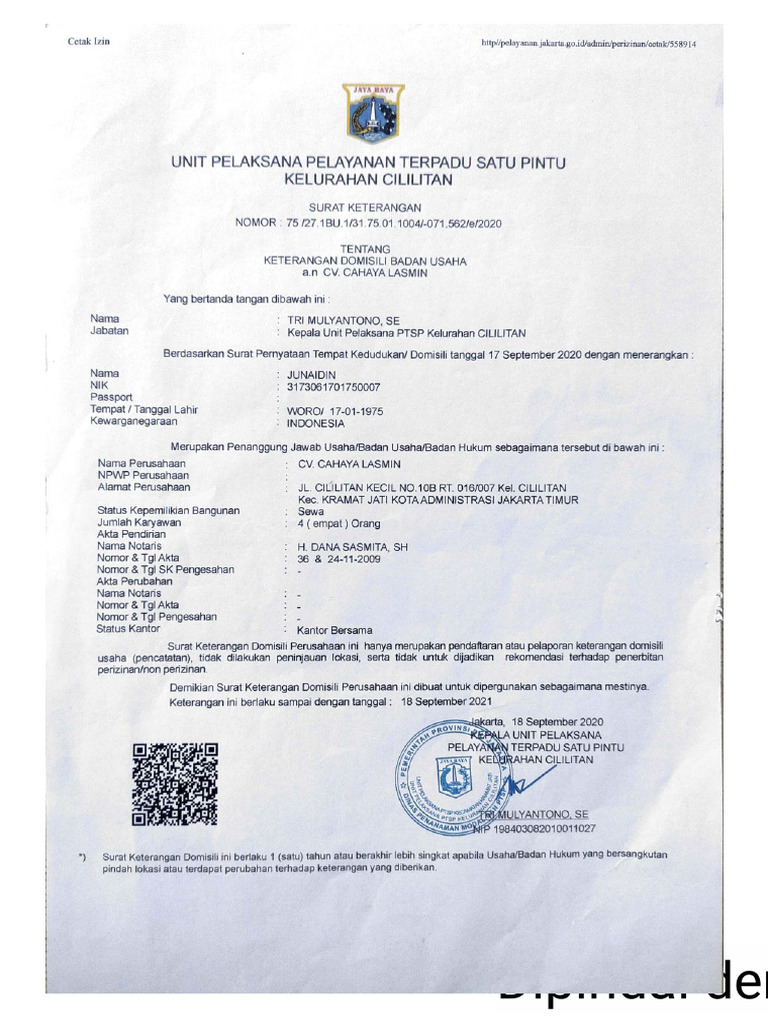 CV - Cahaya Domisili Bpjs. Siup | PDF