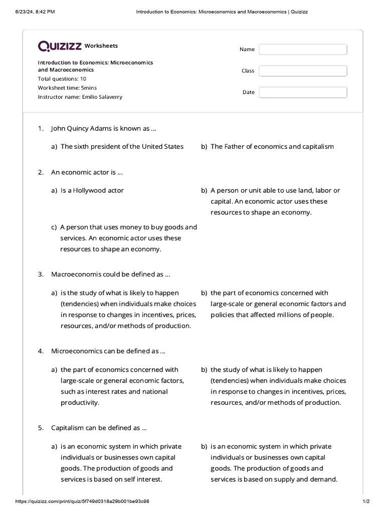 Introduction To Economics - Microeconomics and Macroeconomics - Quizizz ...