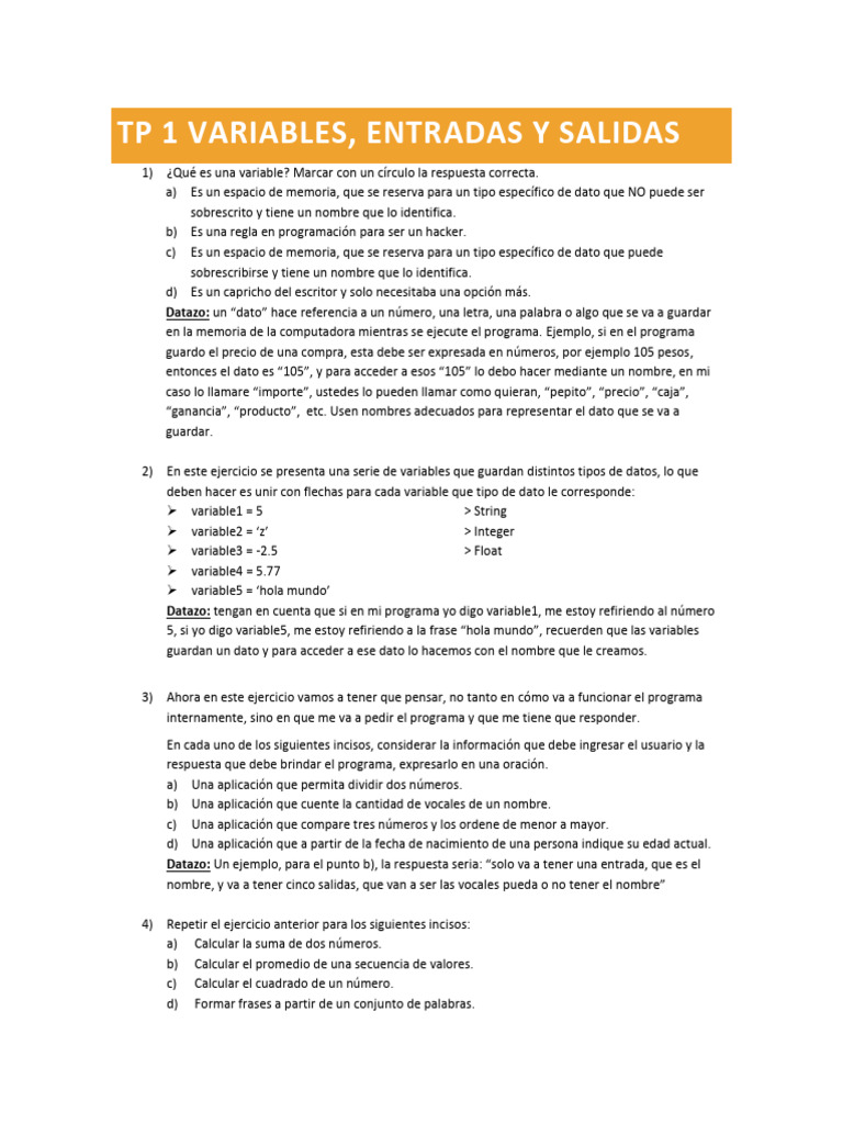 TP1 Entradas, Salidas y Variables | PDF | Python (lenguaje de programación) | Variable (informática)