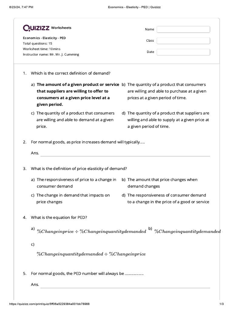 Economics Worksheets: Price Elasticity of Demand | PDF | Demand | Price ...