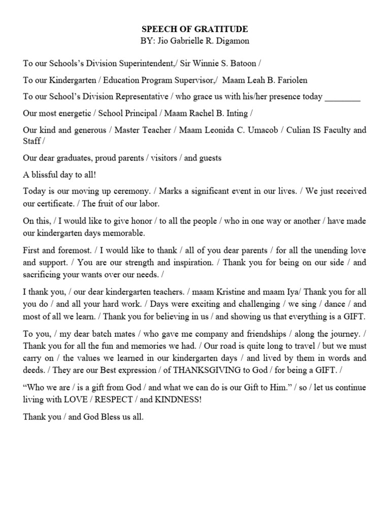 Kindergarten Graduation Gratitude Speech | PDF | Wellness