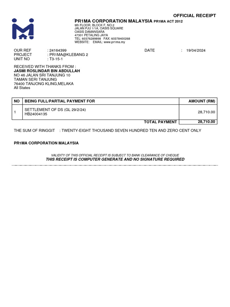 PR1MA Official Receipt for Payment | PDF