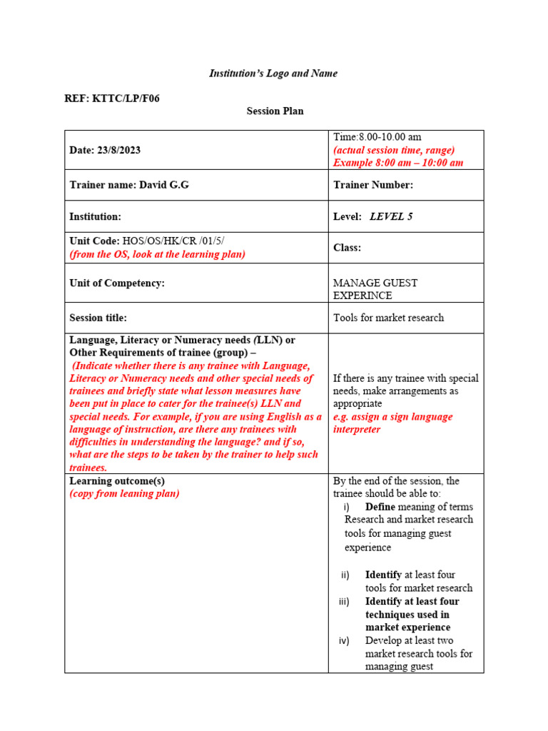 Session Plan Sample | PDF | Learning | Cognitive Science