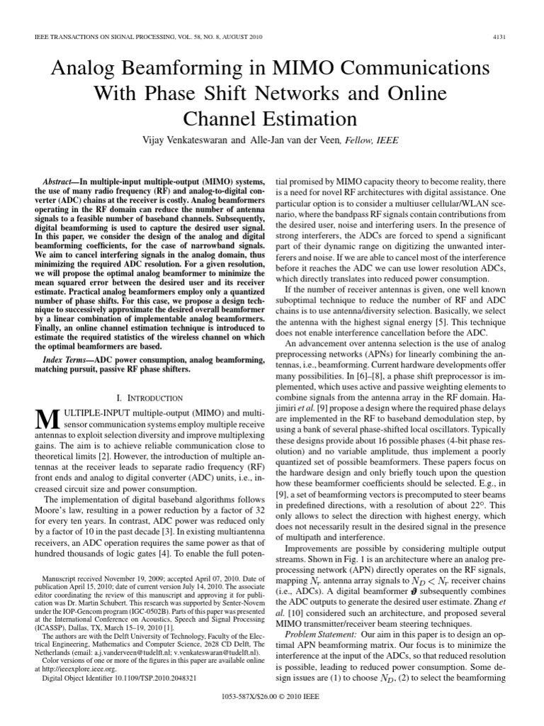Analog Beam Forming in MIMO Communications With Phase Shift Networks ...