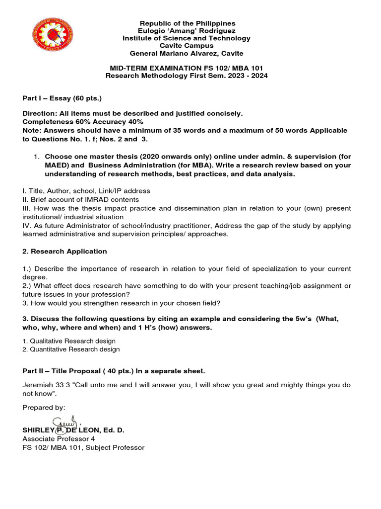 2023 2024 IST Sem FS 102 MAEdMBA 101 Midterm Exam | PDF | Computers