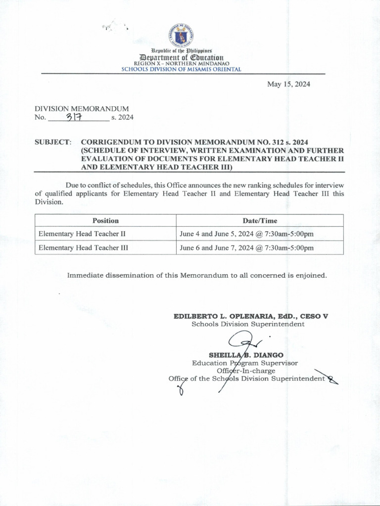 Dm317s.2024 Corrigendum To Division Memorandum No. 312 S. 2024 | PDF