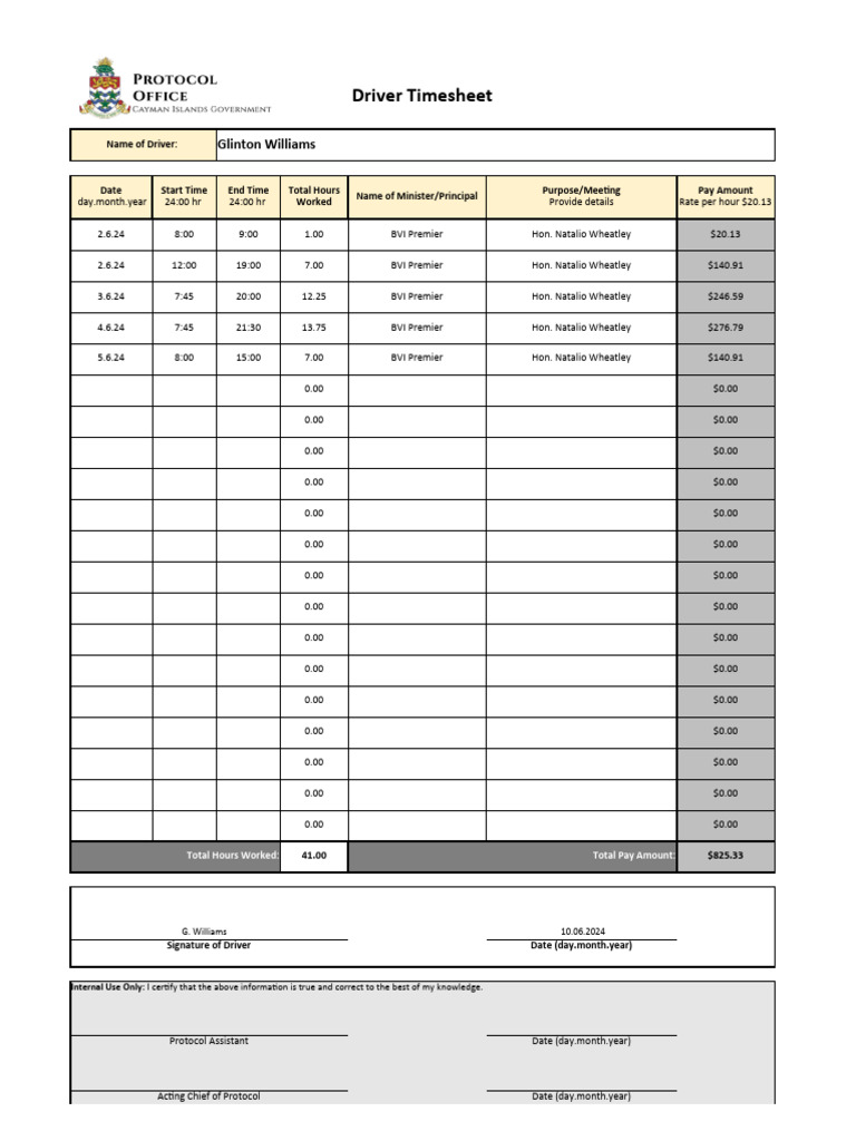Protocol Driver Timesheet 2024 | PDF