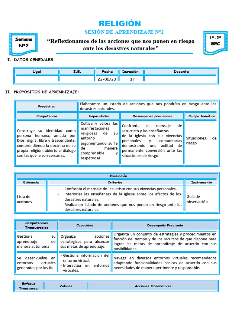 1°-2° SESIÓN DE APRENDIZAJE SESIÓN 2-SEM.2-EXP.3-RELIGION | Descargar gratis PDF | Aprendizaje ...