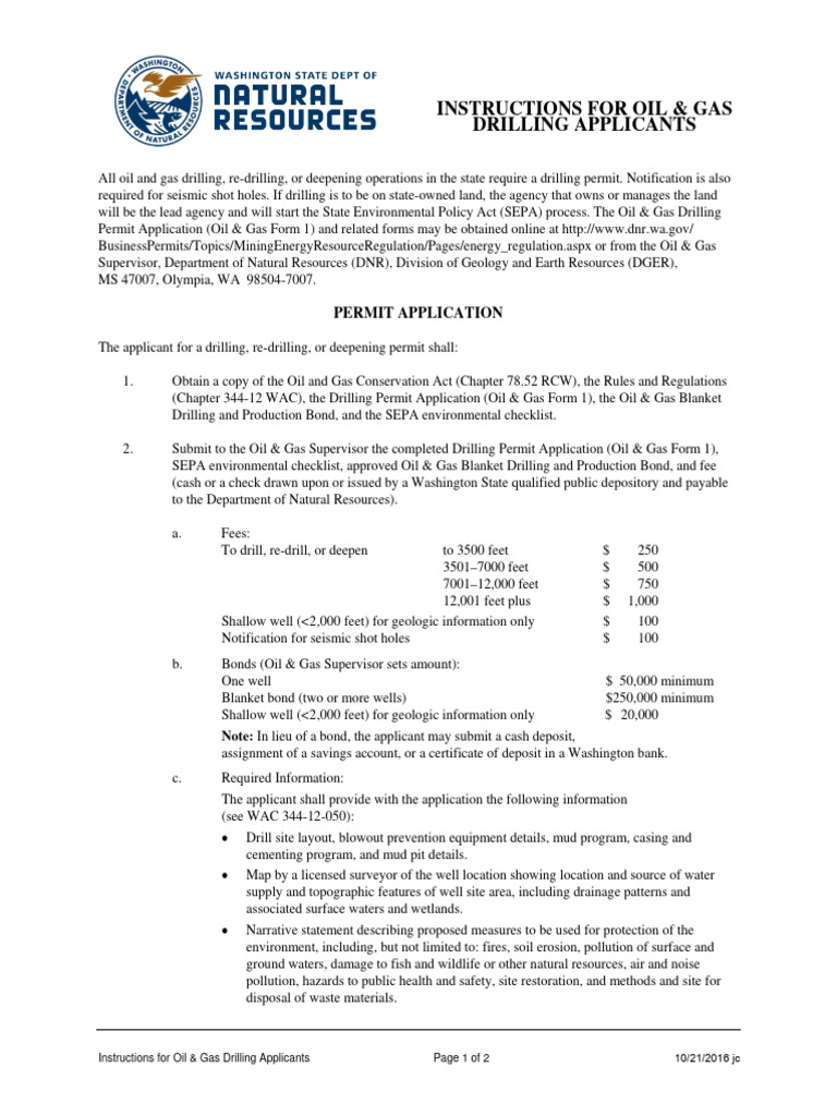 Main Instructions for Oil and Gas Drilling Permit Applicants Washington | PDF | Fossil Fuels