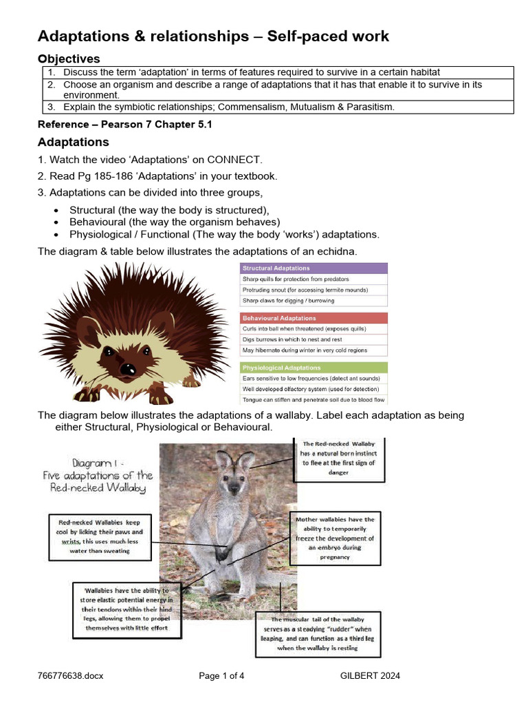 Adaptations & Relationships - Self-Paced Work: Objectives | Download ...