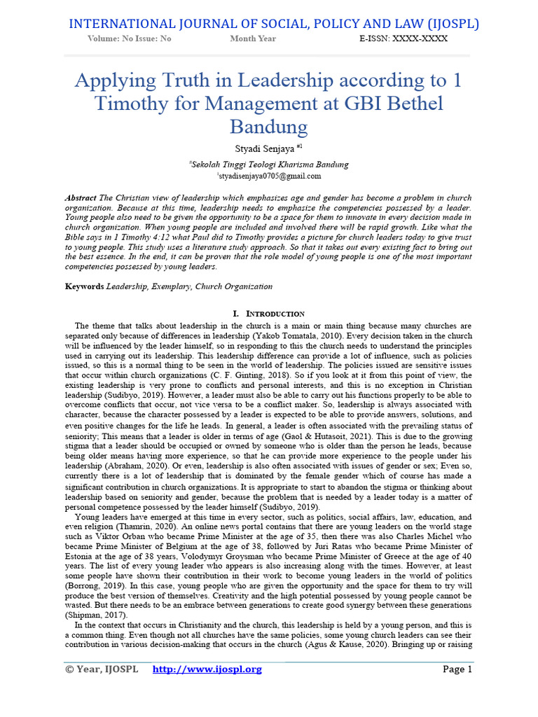 Applying Truth in Leadership According To 1 Timothy For Management at ...