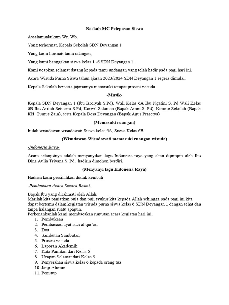 Naskah MC Pelepasan Siswa | PDF