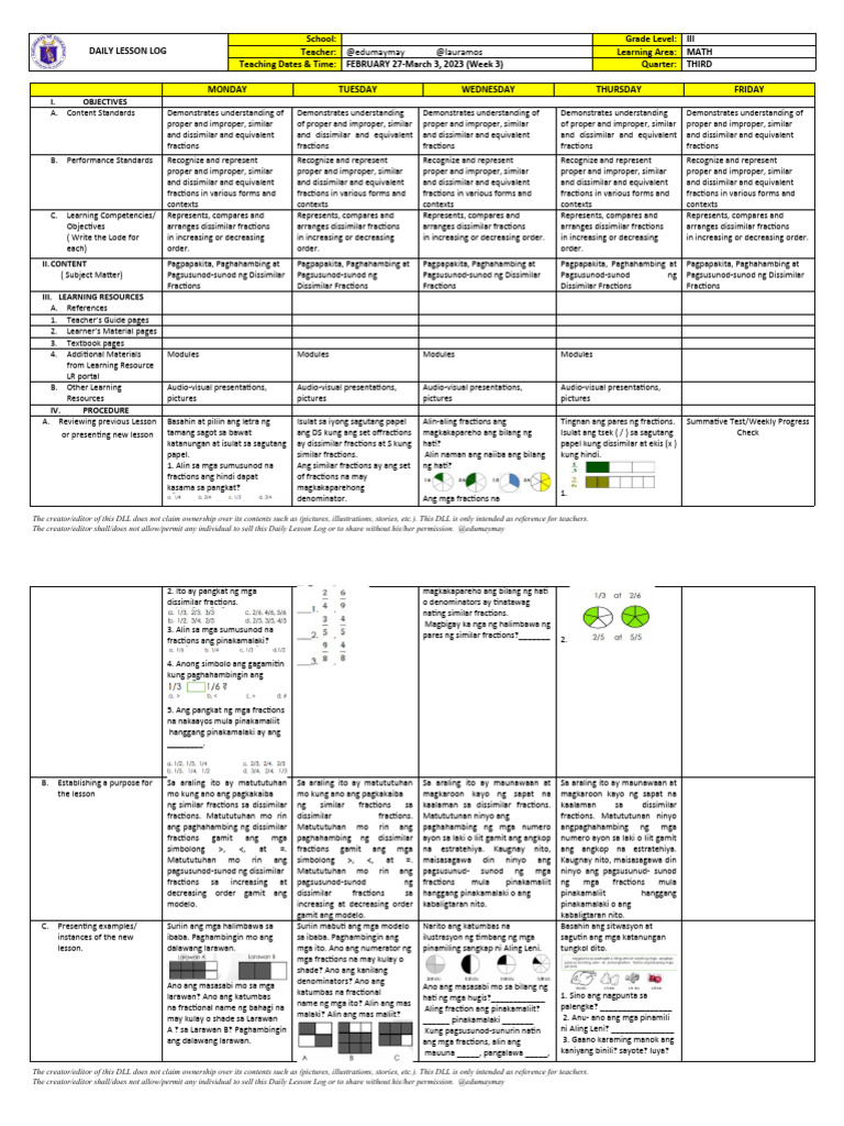 DLL - MATH 3 - Q3 - WEEK 3 Represents Compares and Arranges Dissimilar ...
