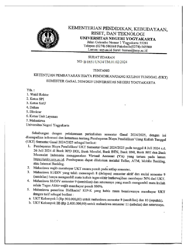 Ketentuan Pembayaran UKT Gasal 2024 | PDF