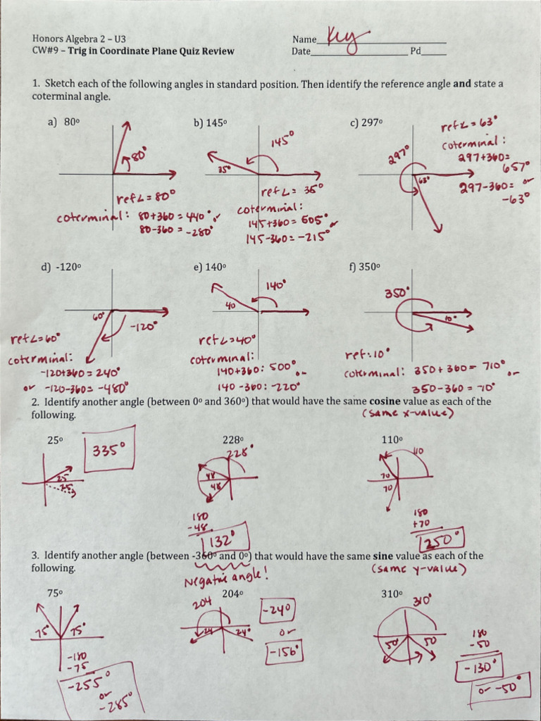 Day 9 KEY - Trig in Coordinate Plane Review | PDF