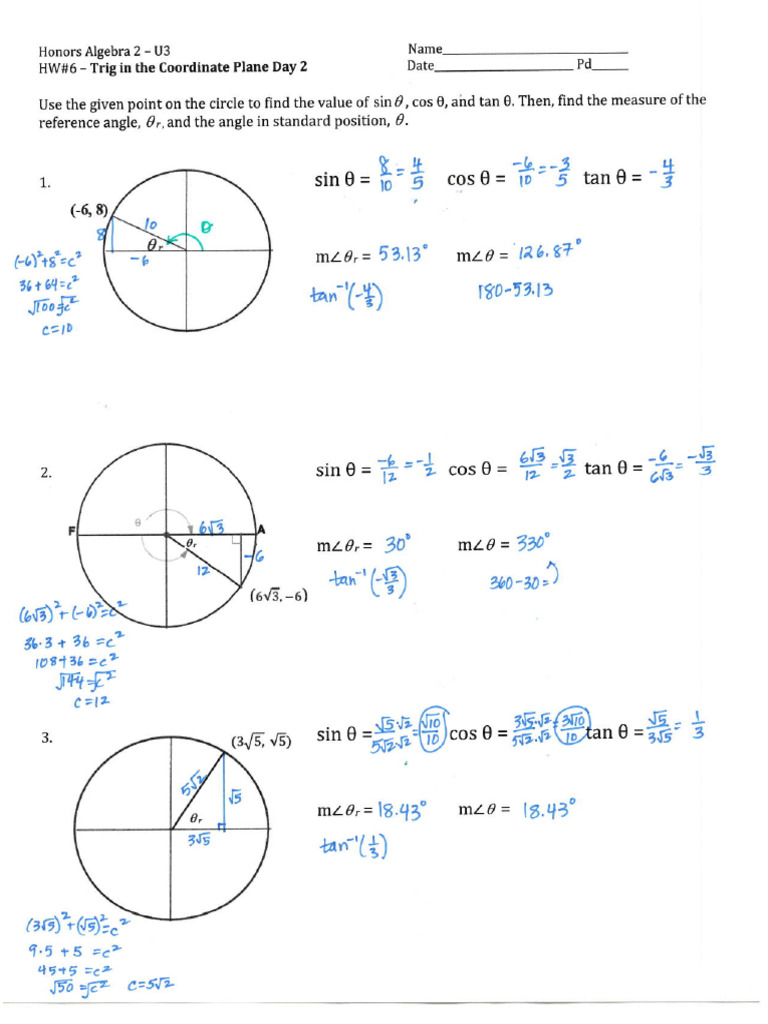 Lesson #6 HW - Trig in Coordinate Plane KEY | PDF