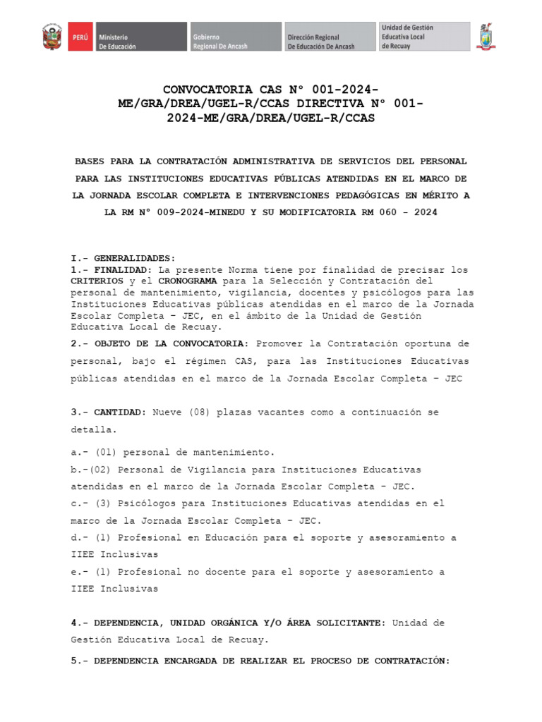 BASES PROCESO CAS 01 - 2024 | PDF | Derecho laboral | Escuelas BASES PROCESO CAS 01 - 2024 | PDF | Derecho laboral | Escuelas