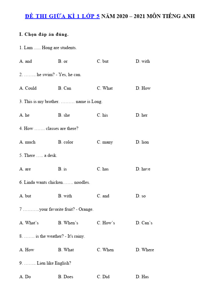 De Kiem Tra Tieng Anh Lop 5 Giua Ki 1 Nam 2020 2021 So 2 | PDF