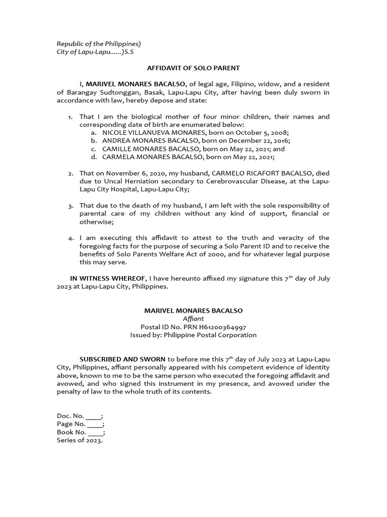 Affidavit of Solo Parent in Lapu-Lapu | PDF | Social Science | Wellness