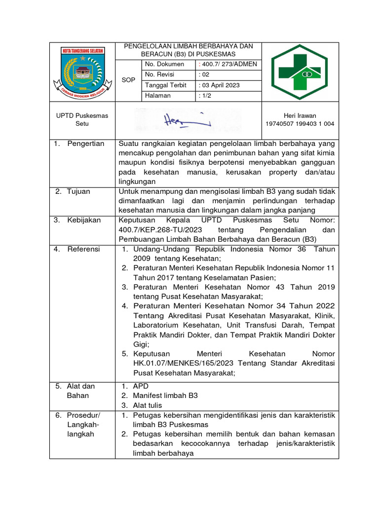 SOP Limbah B3 di Puskesmas | PDF | Sains & Matematika
