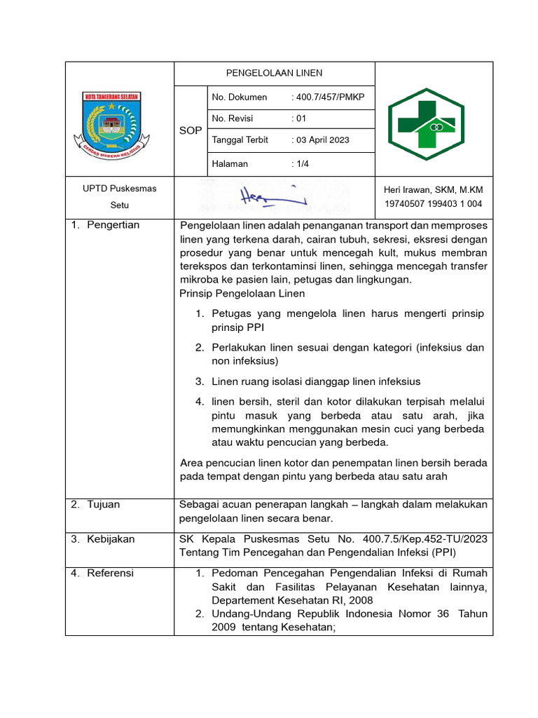 Bab 5.5.3 Sop Pengelolaan Linen | PDF | Sains & Matematika