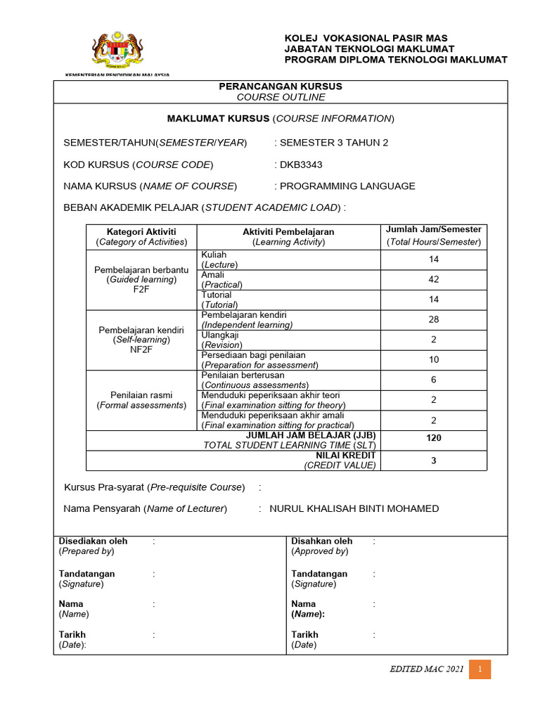 Diploma Programming Language Course Outline | PDF | Computer ...