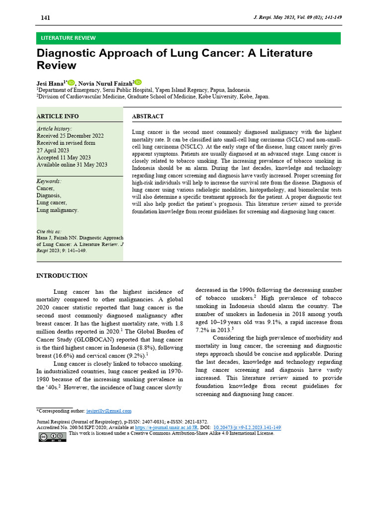 Diagnostic Approach of Lung Cancer A Literature | PDF | Lung Cancer | Cancer