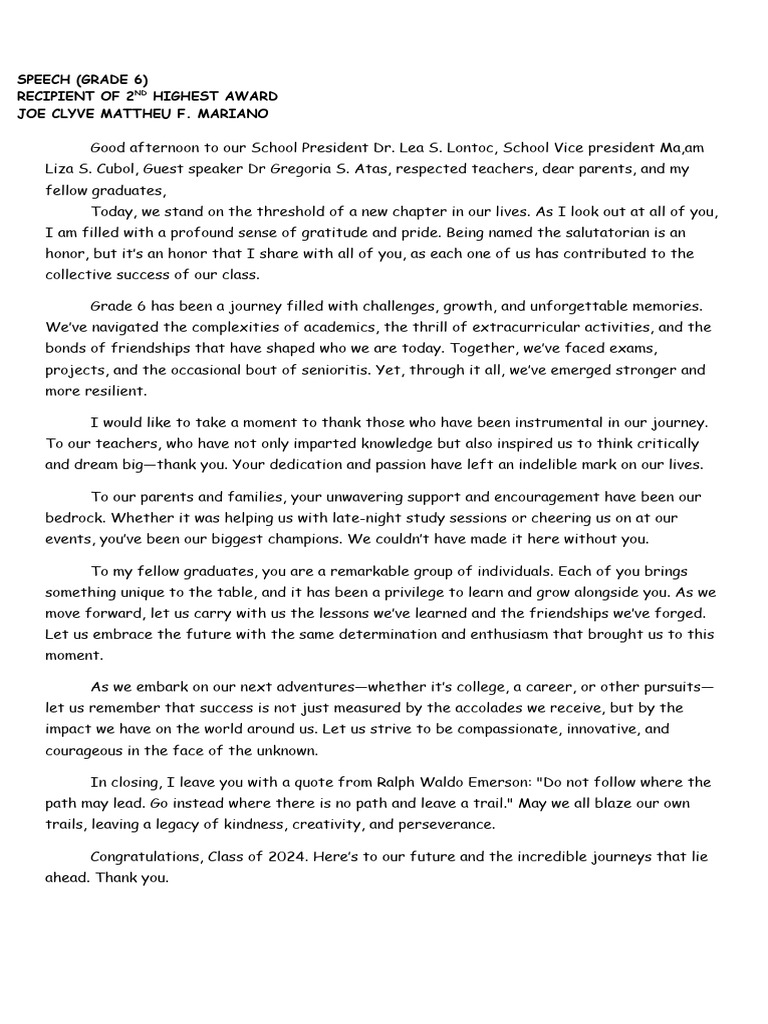 Graduation Speech Grade 6 | PDF