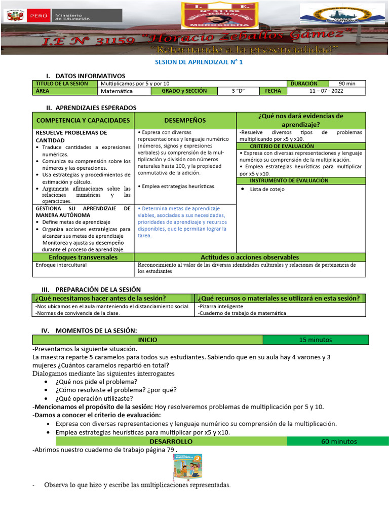 Sesion 1 Multiplicamos x5 x10 | PDF | Aprendizaje | Evaluación