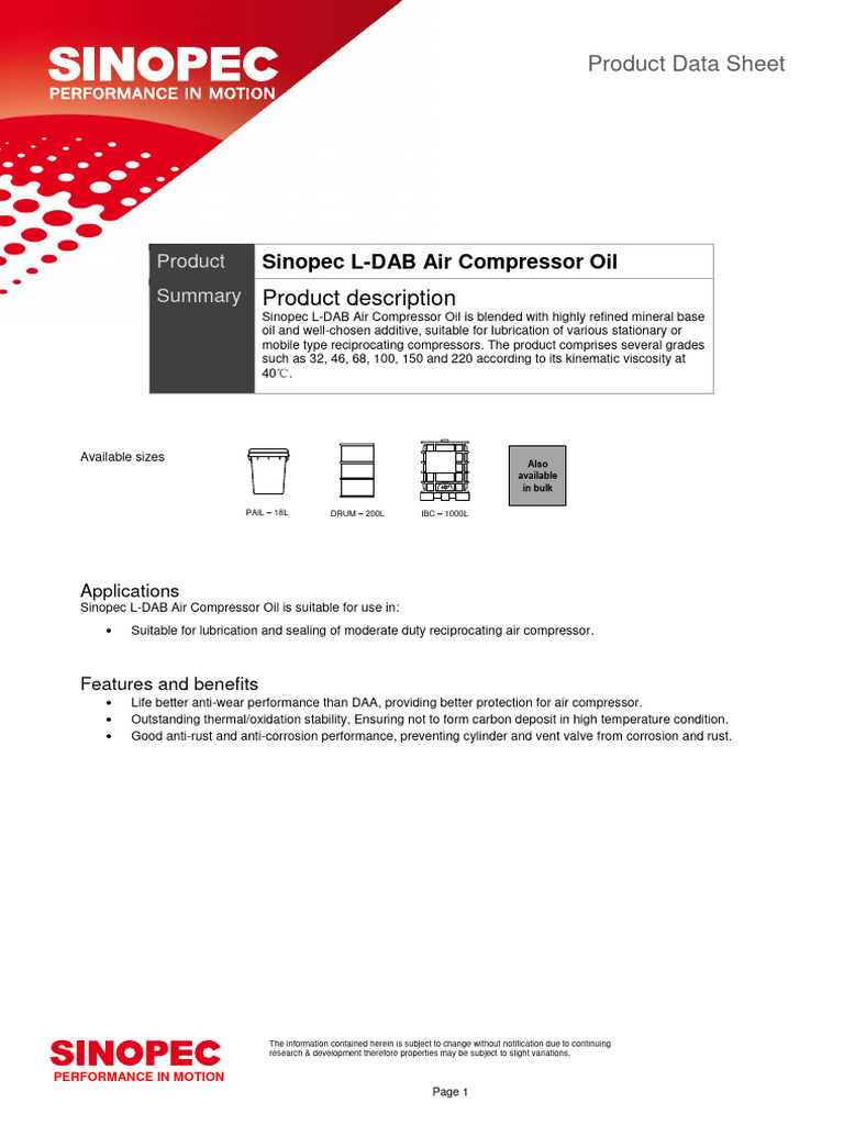 L-DAB Air Compressor Oil - Data Sheet | PDF | Viscosity | Corrosion