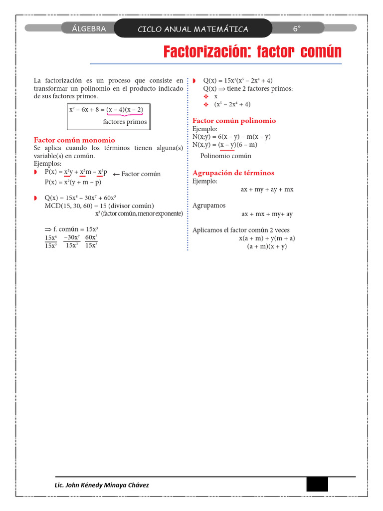 6° PRIM. FACTORIZACIÓN (Factor Común) | PDF | Factorización | Álgebra 6° PRIM. FACTORIZACIÓN (Factor Común) | PDF | Factorización | Álgebra