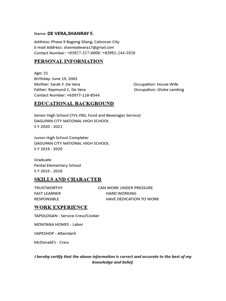 SHAN Resume 1 | PDF | Career & Growth | Cooking, Food & Wine