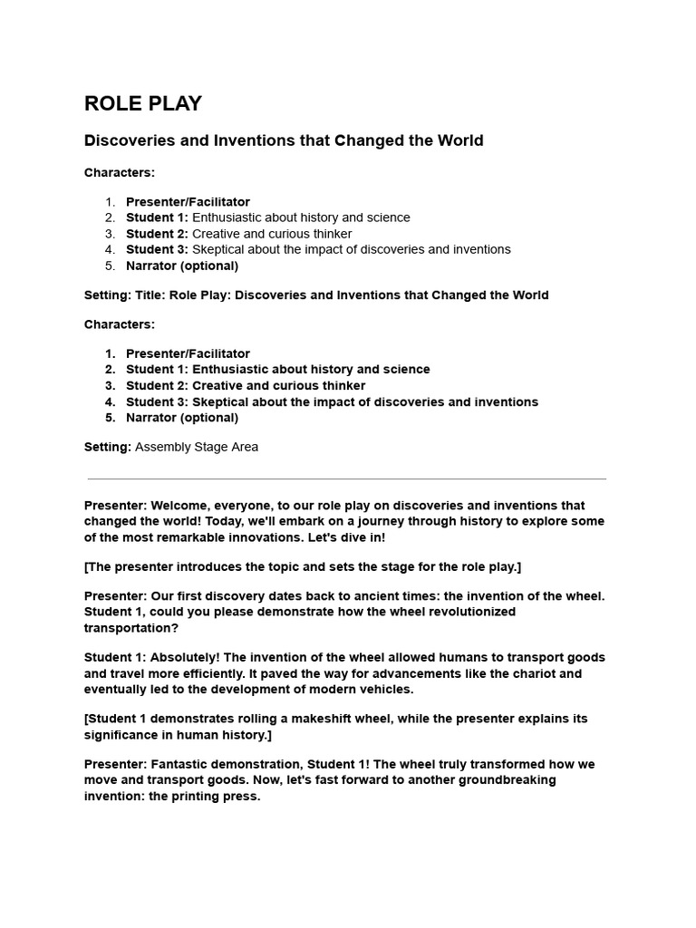 Grade 7 - ROLE PLAY - Discoveries and Inventions That Changed The World ...