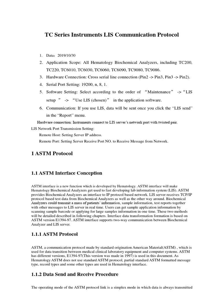 TC Series LIS ASTM HL7 Protocol 20191030 | PDF | Ascii | Internet Protocols