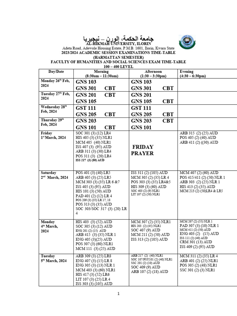 Updated and Approved Final FHSS Examination Timetable February-March ...