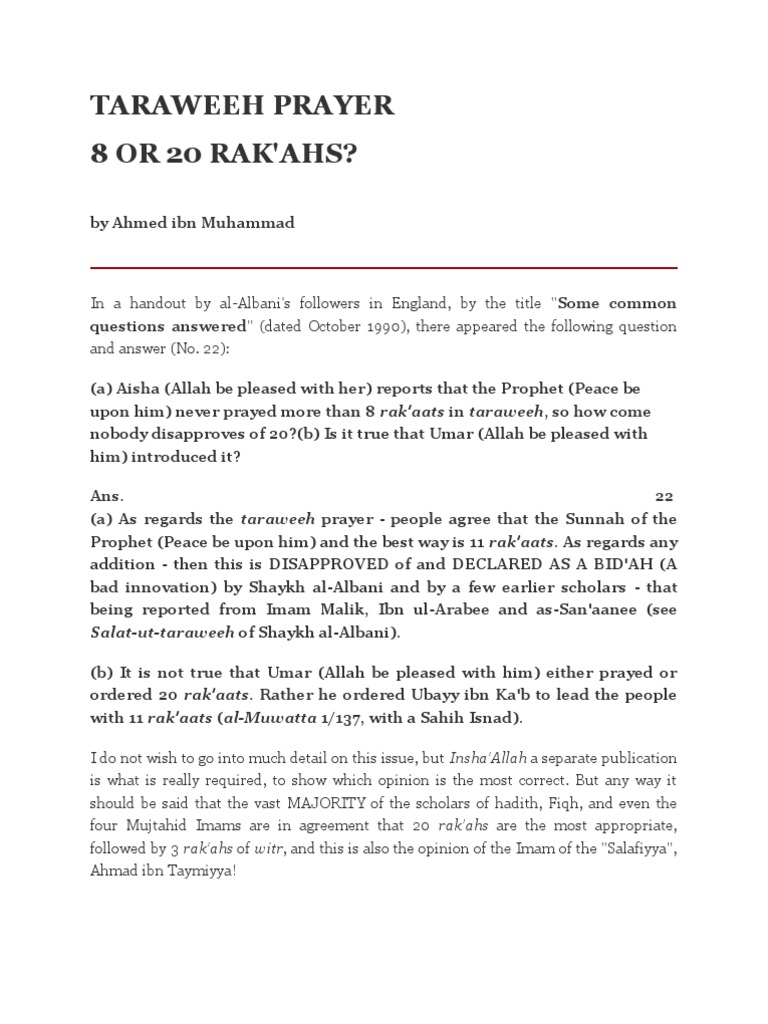 Taraweeh: 8 or 20 Rak'ahs Debate | PDF | Wahhabism | Hadith