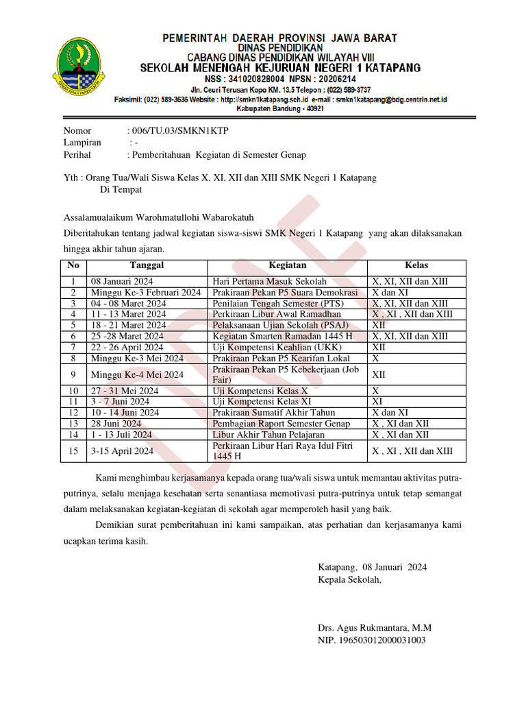 Surat Pemberitahuan Kegiatan Semester Genap | PDF