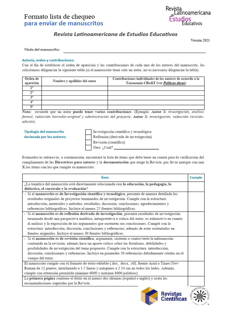 Formato ListaChequeoEnvioManuscrito RLEE Es2021 | PDF
