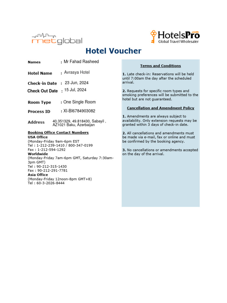 MR Fahad Rasheed Hotel Booking | PDF