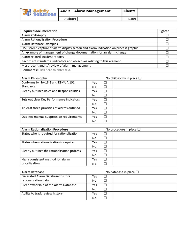 Alarm Management Check List | PDF | Databases | Audit