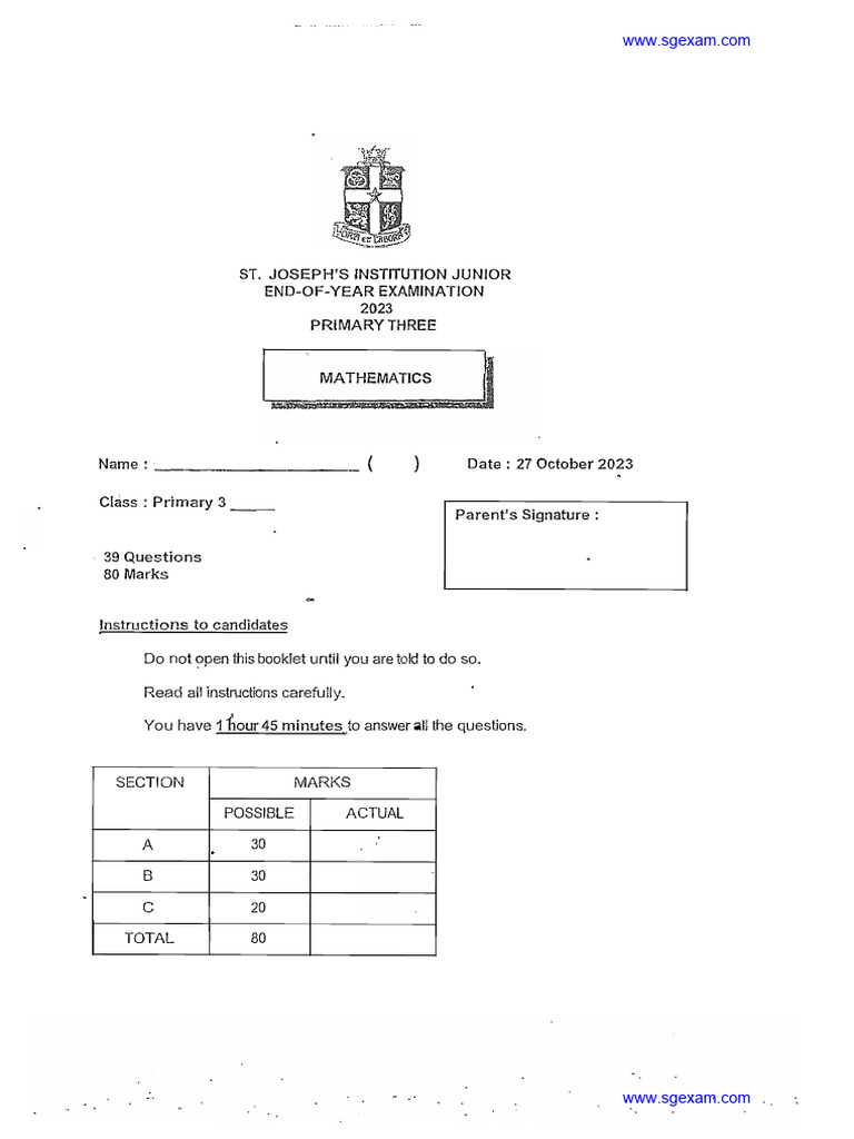2023-P3-Maths-End Of Year Exam-St Joseph | PDF