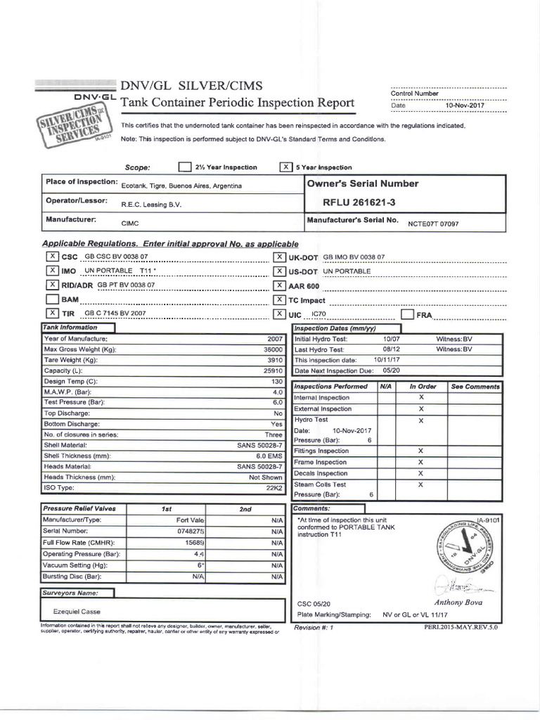 Tank Certificate Rflu2616213 | PDF