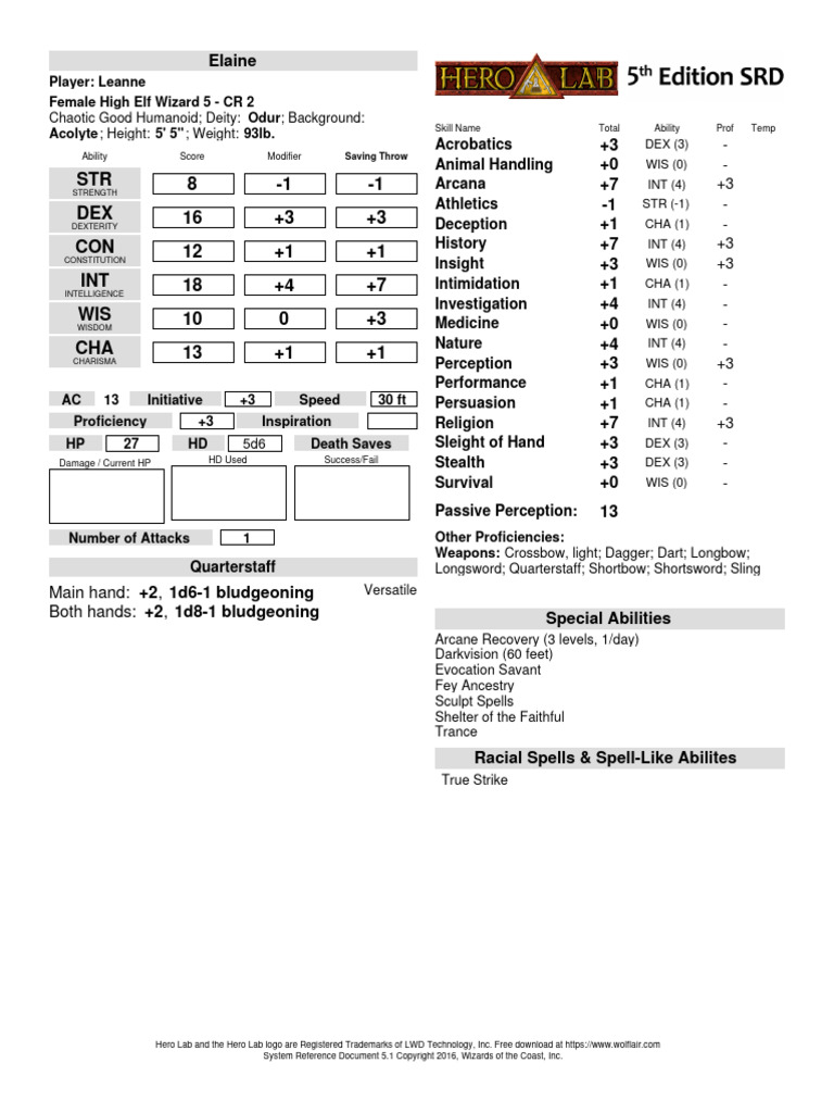 Elaine Character Sheet | PDF