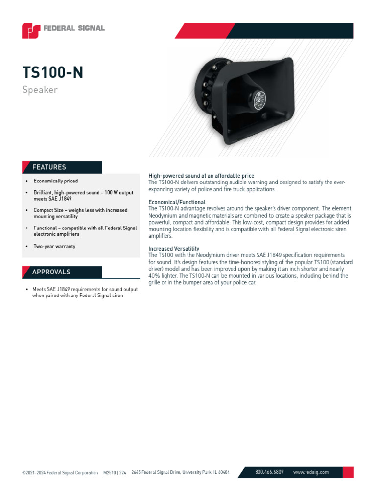 TS100-N Speaker Data Sheet - M2510 | PDF | Loudspeaker | Amplifier
