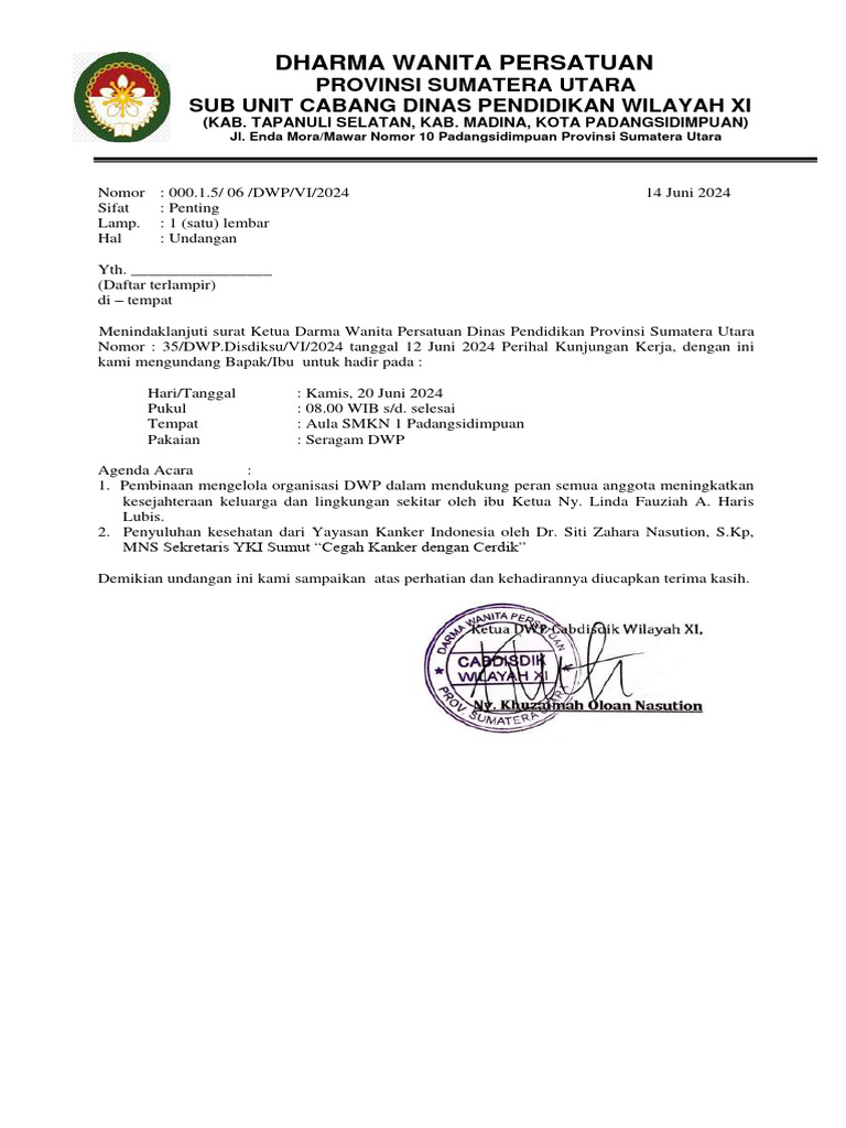 SURAT UNDANGAN - Dharma Wanita TGL 20 Juni 2024 | PDF