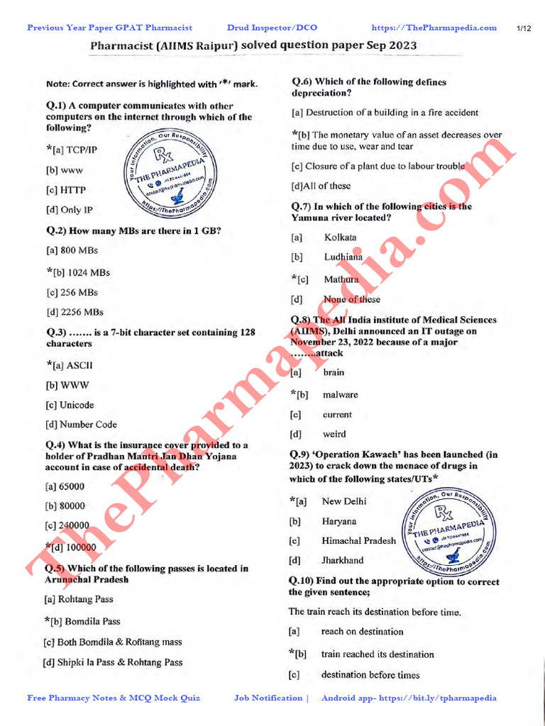 Pharmacist Solved Paper AIIMS Raipur 2023 | PDF
