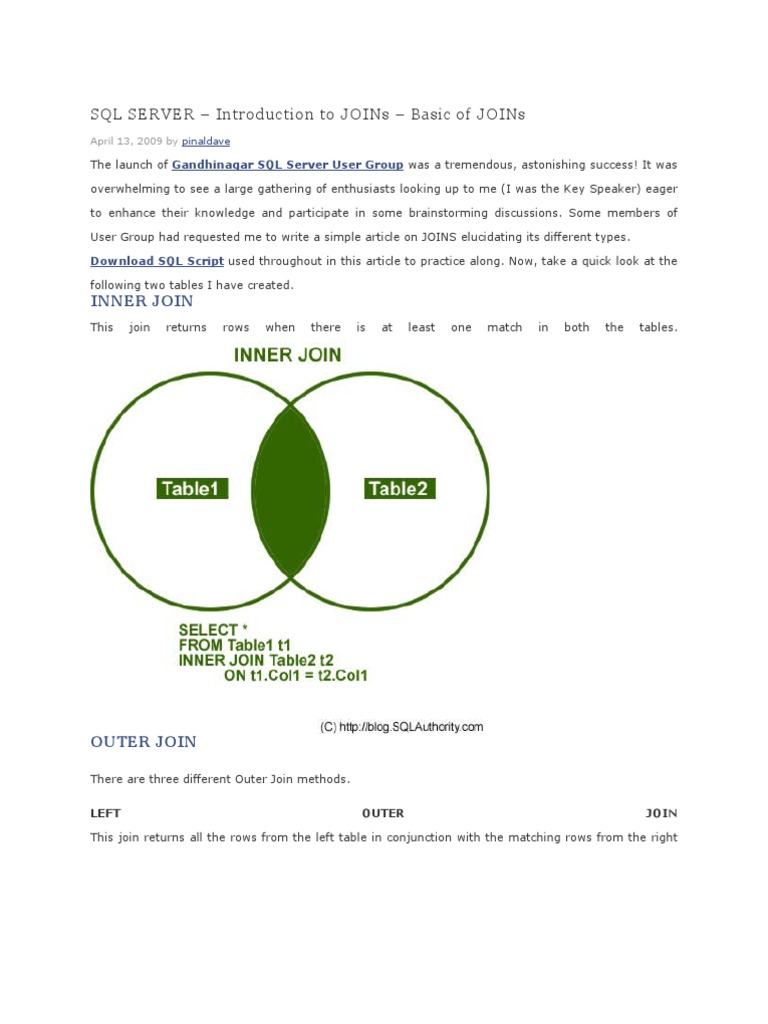 SQL Server - Introduction To Joins - Basic of Joins: Inner Join | PDF ...